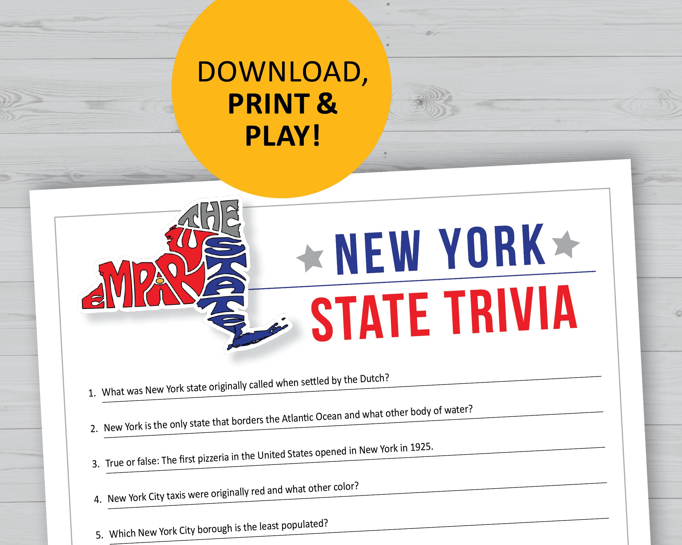 New York Trivia Game, Printable, U.S. State Instant Download, Family ...
