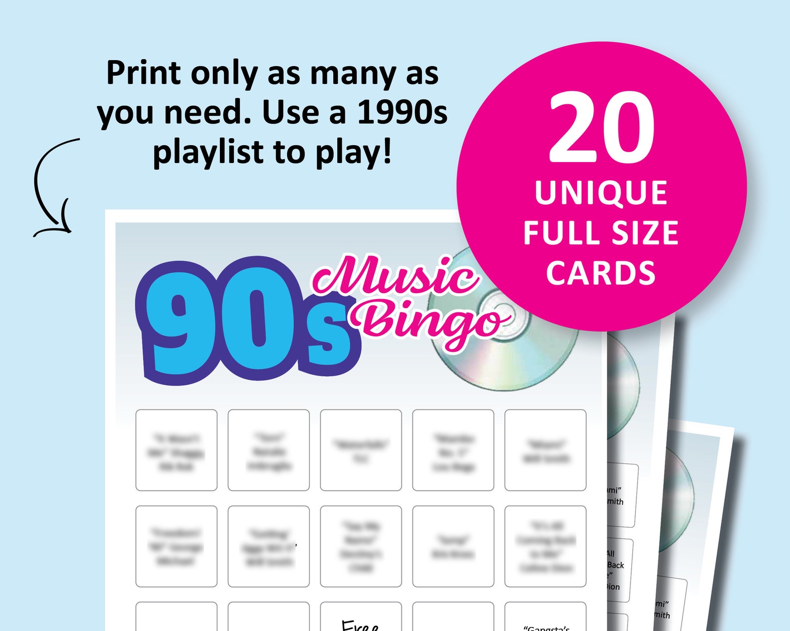 90s Music Bingo Boards, 1990s Printable Game, Instant Download, Party ...