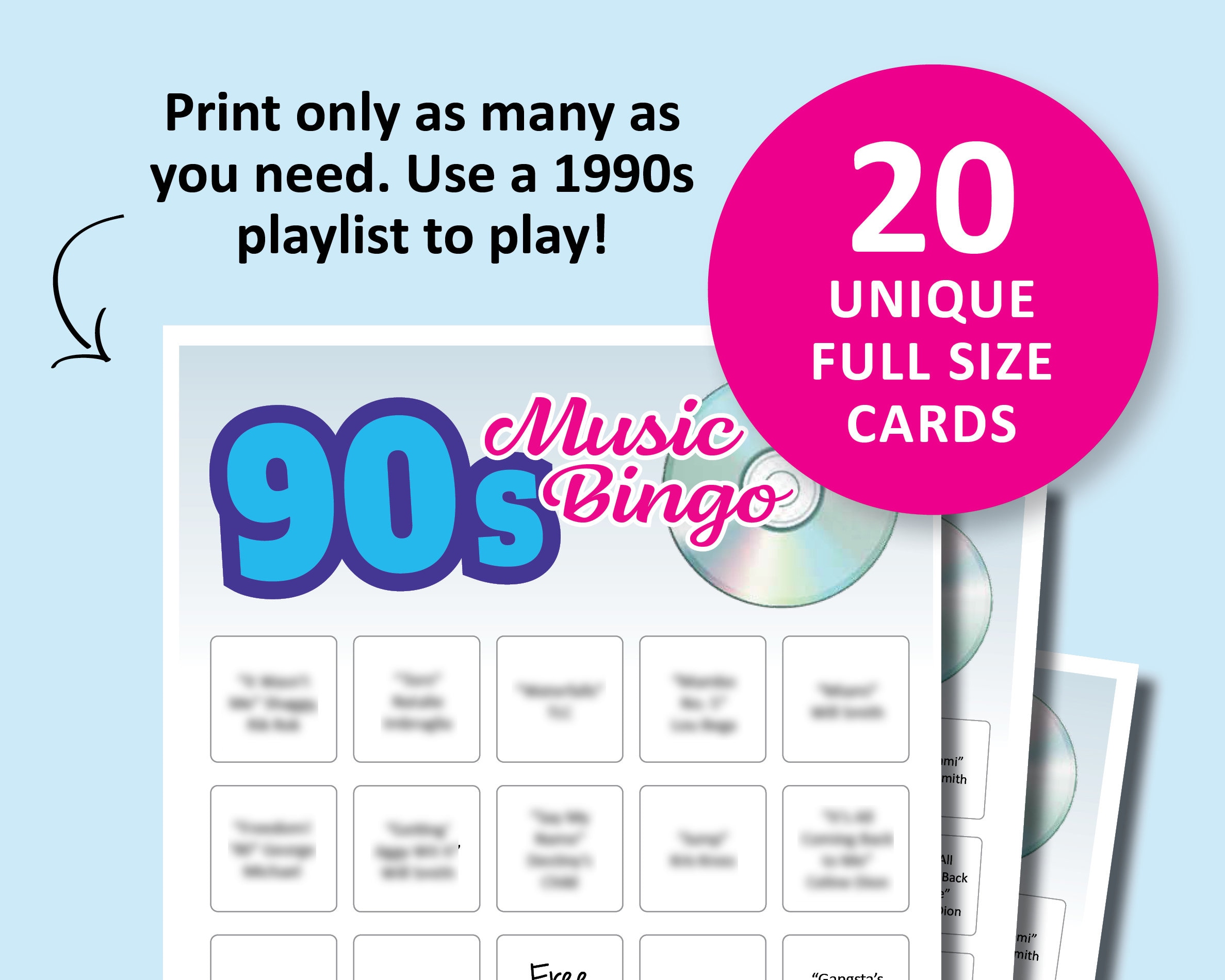 90s Music Bingo Boards, 1990s Printable Game, Instant Download, Party ...