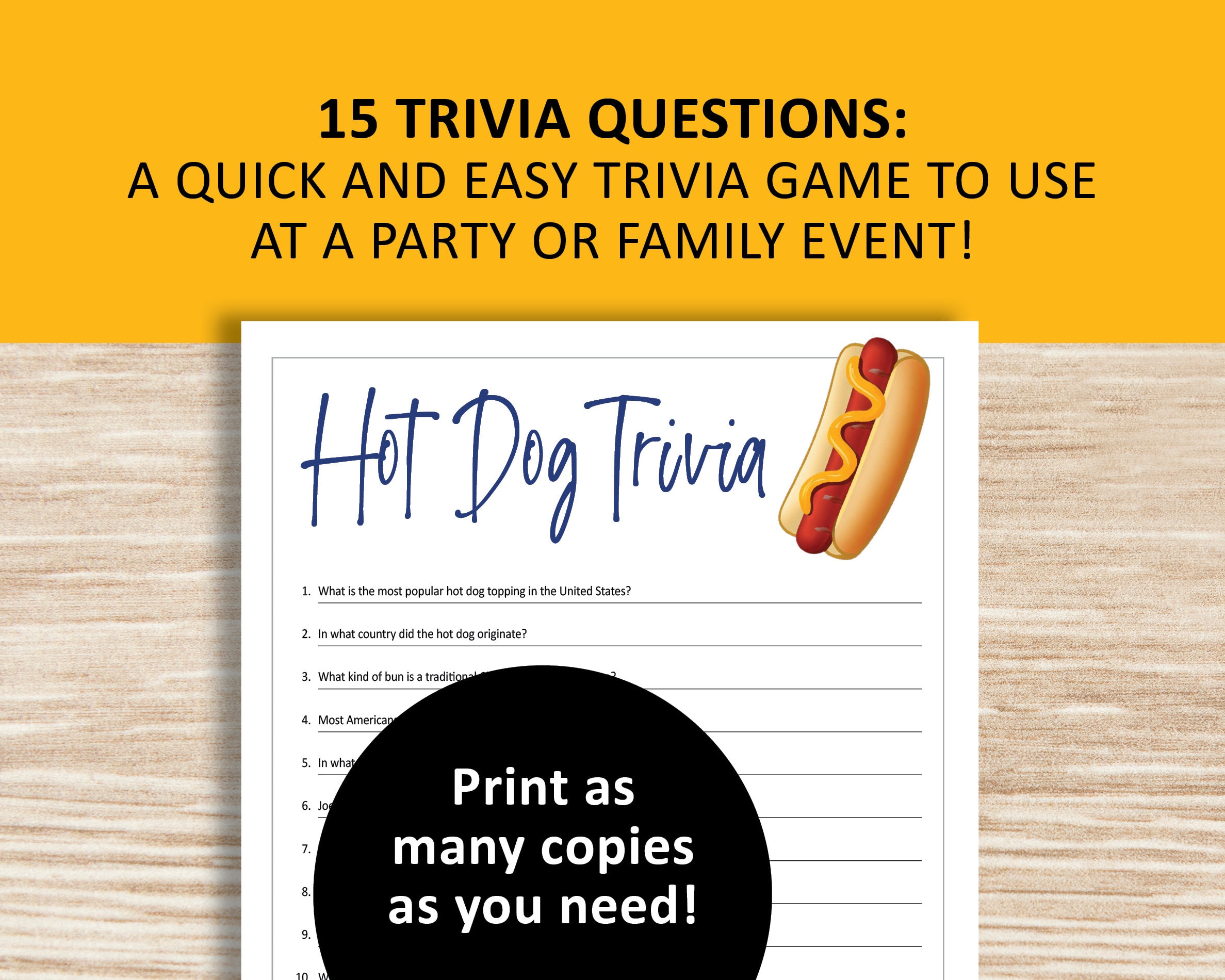 Hot Dog Trivia Game Printable Instant Download Food Party - Etsy