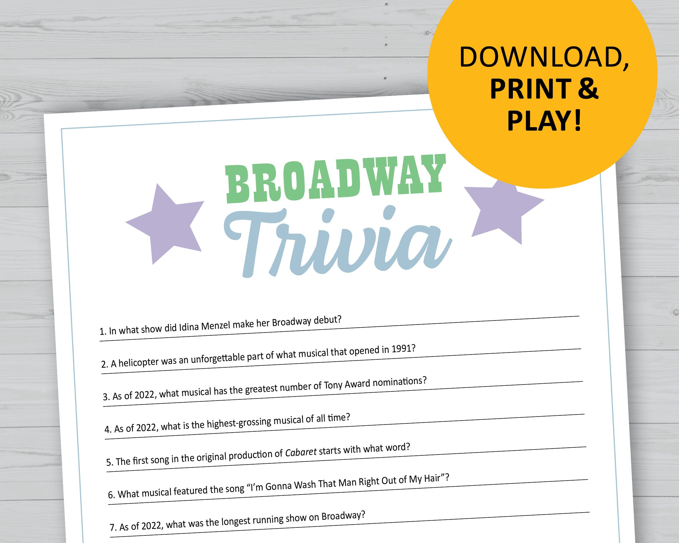 Broadway Trivia Game Printable Instant Download Musical - Etsy