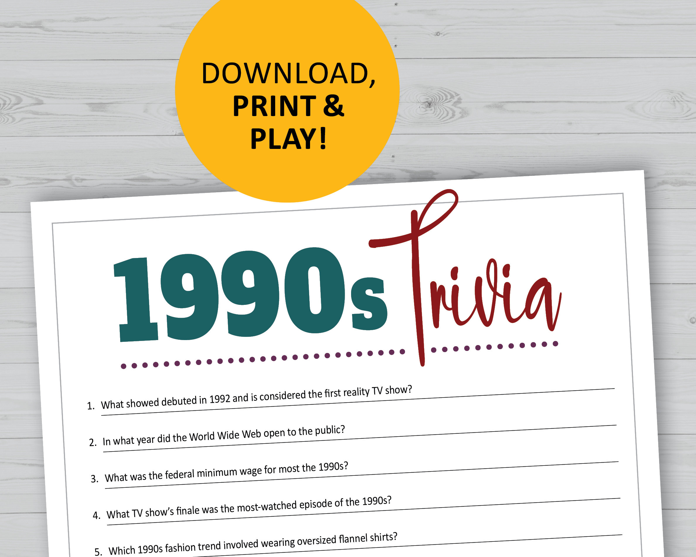 1990s Trivia Game, 90s History, Pop Culture Printable Games, Instant ...