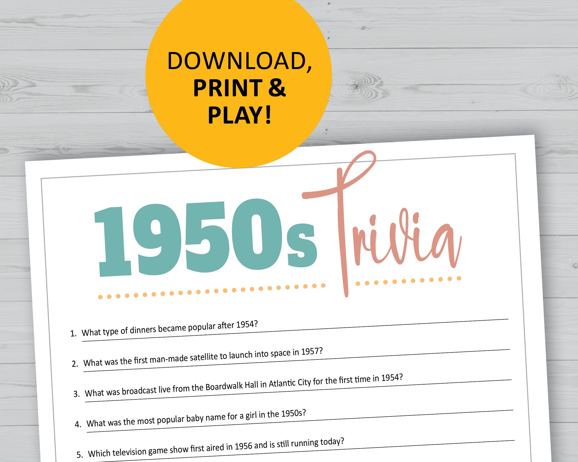 1950s Trivia Game, 50s History, Pop Culture Printable Games, Instant ...
