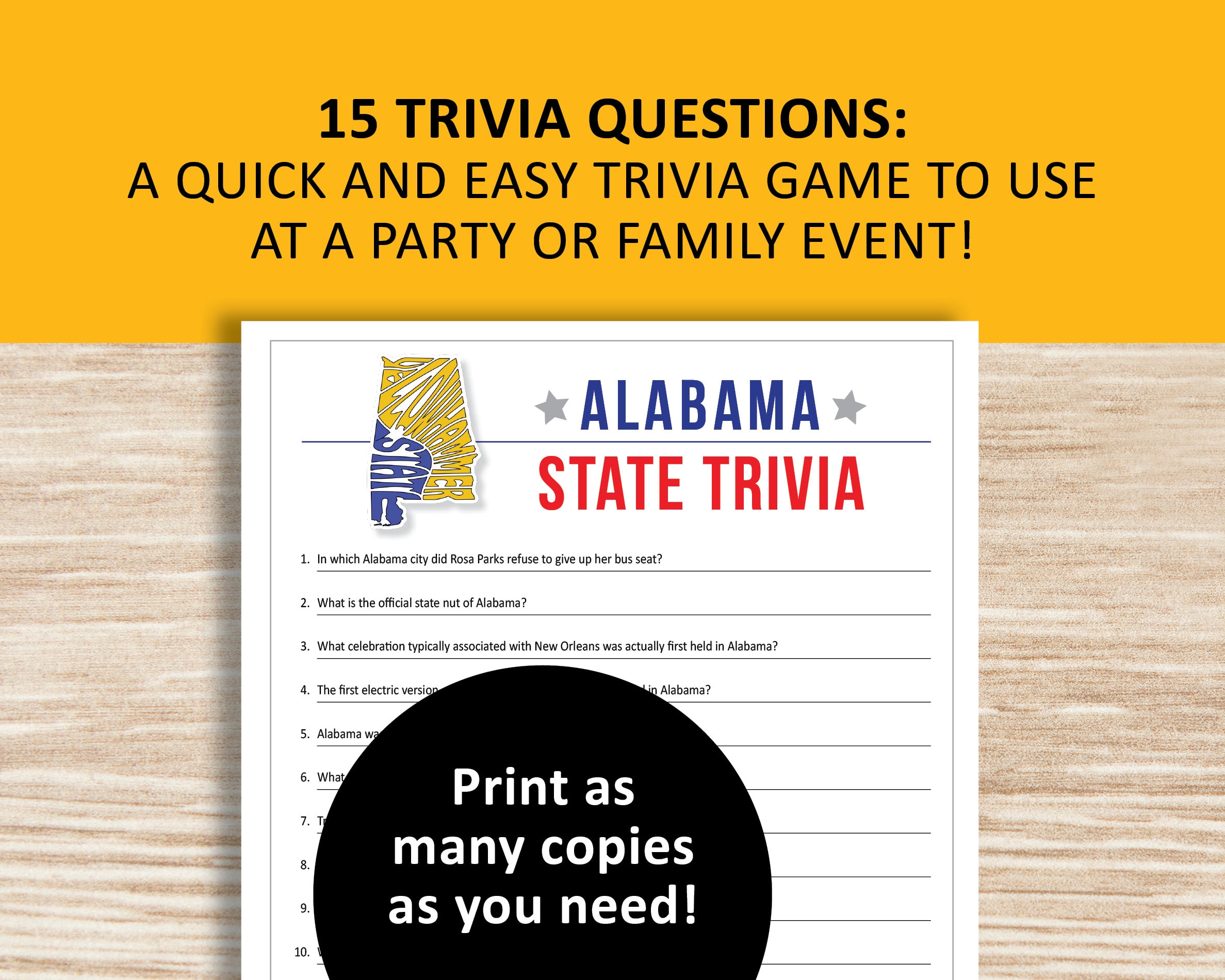 Alabama Trivia Game, Printable, U.S. State Instant Download, Family ...
