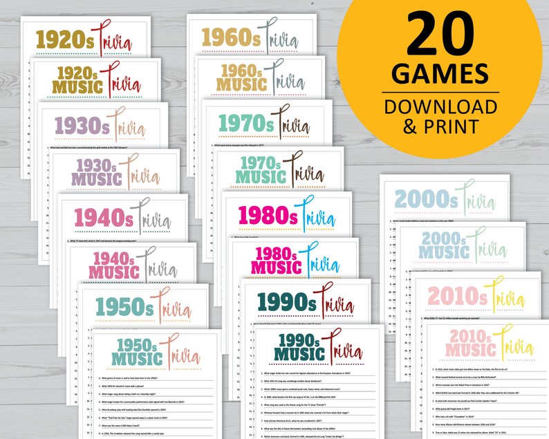 Decades Trivia Bundle, Printable Games, Music, Pop Culture, Party ...
