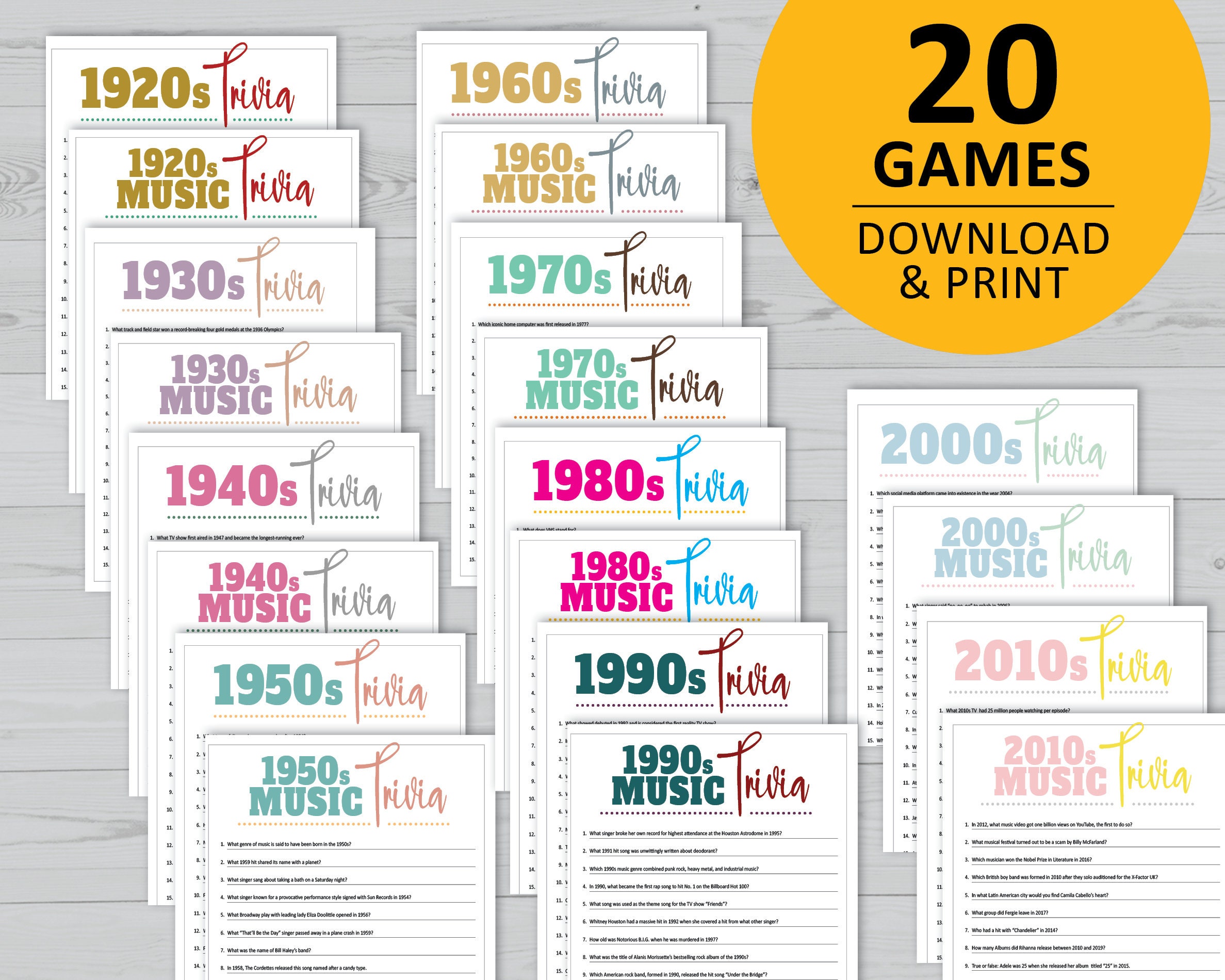 Decades Trivia Bundle, Printable Games, Music, Pop Culture, Party ...