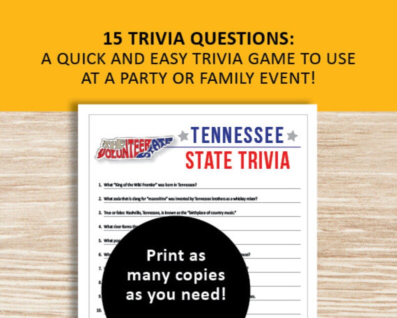 Tennessee Trivia Game, Printable, U.S. State Instant Download, Family ...