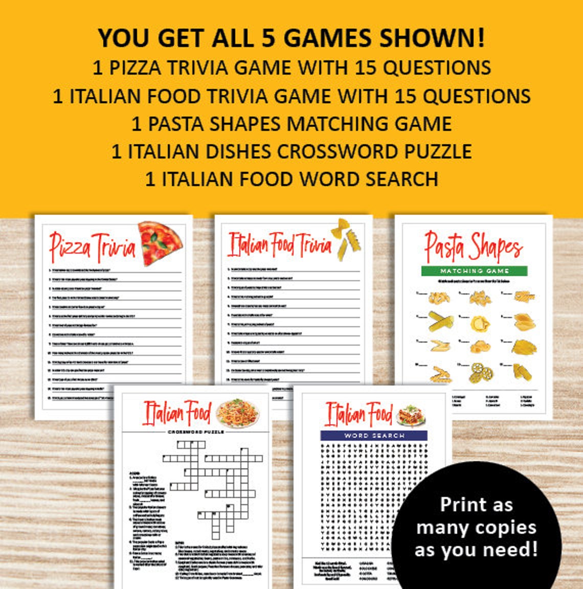 Italian Dinner Game Bundle, Trivia Printable, Italian Food Word Search ...