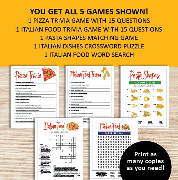 Italian Dinner Game Bundle, Trivia Printable, Italian Food Word Search ...