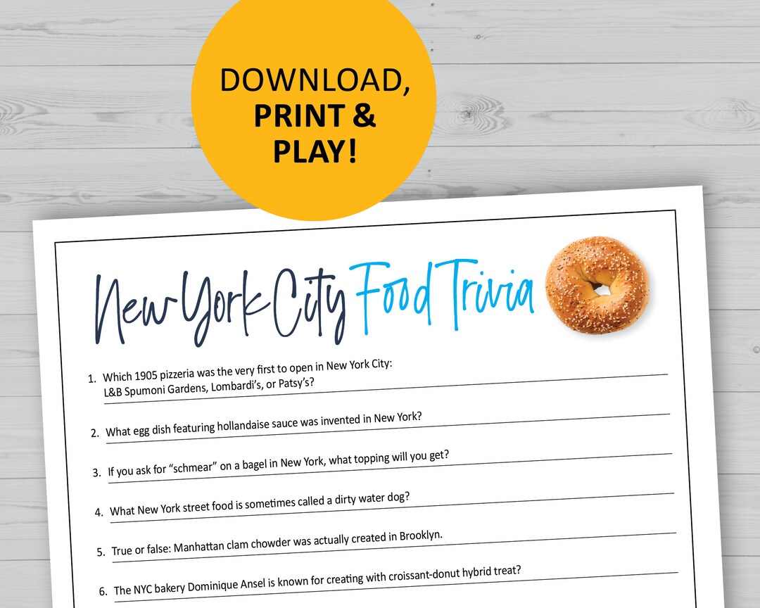 New York City Food Trivia Game Printable, NYC Manhattan Restaurant ...