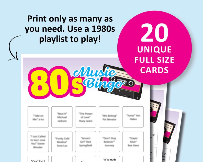 80s Music Bingo Boards, 1980s Printable Game, Instant Download, Party ...