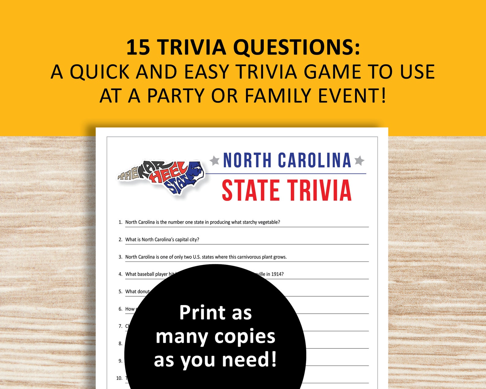 North Carolina Trivia Game, Printable, U.S. State Instant Download ...