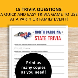 North Carolina Trivia Game, Printable, U.S. State Instant Download ...