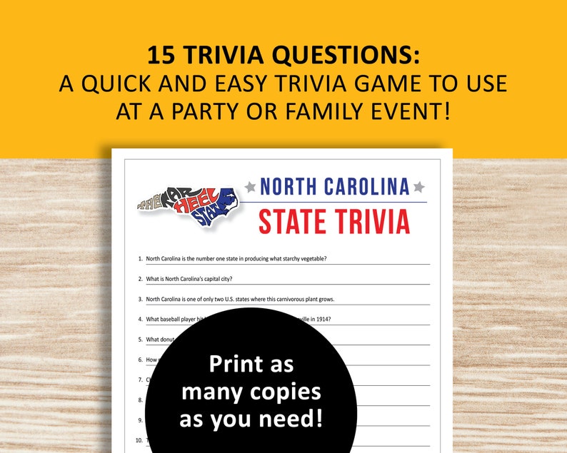 North Carolina Trivia Game, Printable, U.S. State Instant Download ...