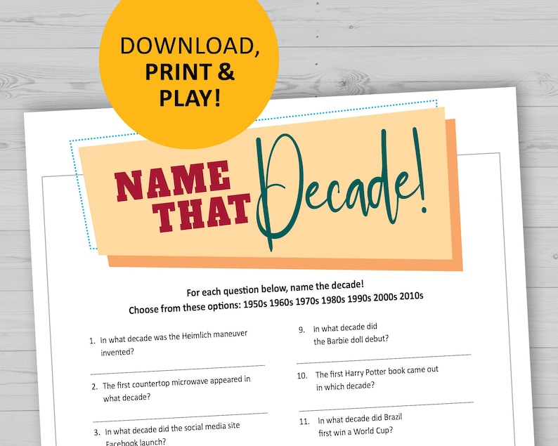 Name That Decade Trivia Game, History, Pop Culture Printable Games ...
