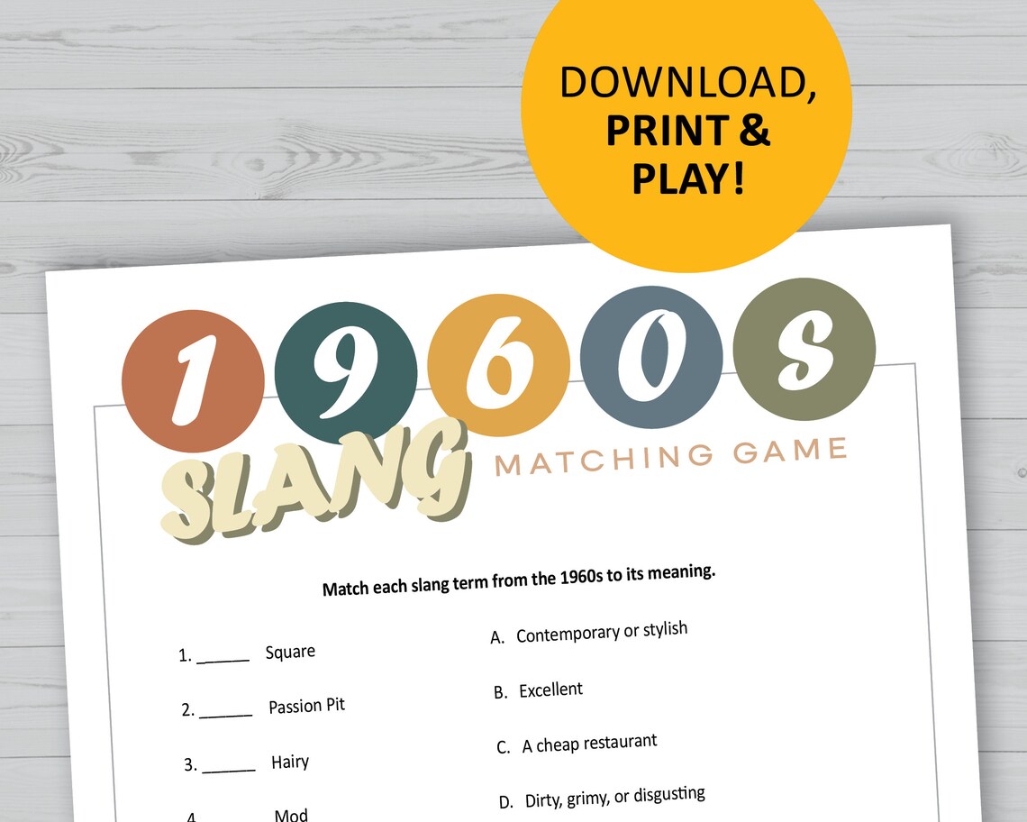 1960s Slang Game, Matching Printable, 60s Theme Party, Decades Trivia ...