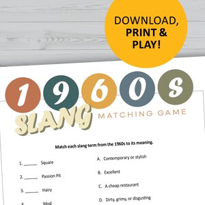 1960s Slang Game, Matching Printable, 60s Theme Party, Decades Trivia ...