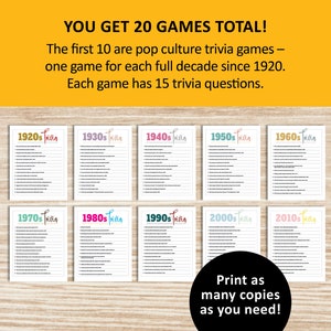 Decades Trivia Bundle, Printable Games, Music, Pop Culture, Party ...