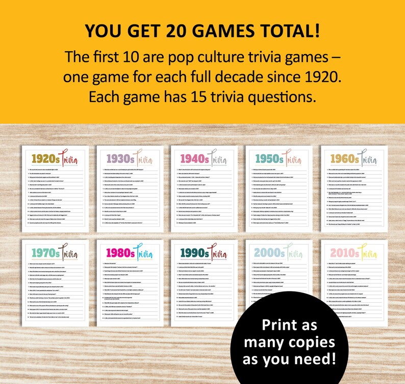 Decades Trivia Bundle, Printable Games, Music, Pop Culture, Party ...