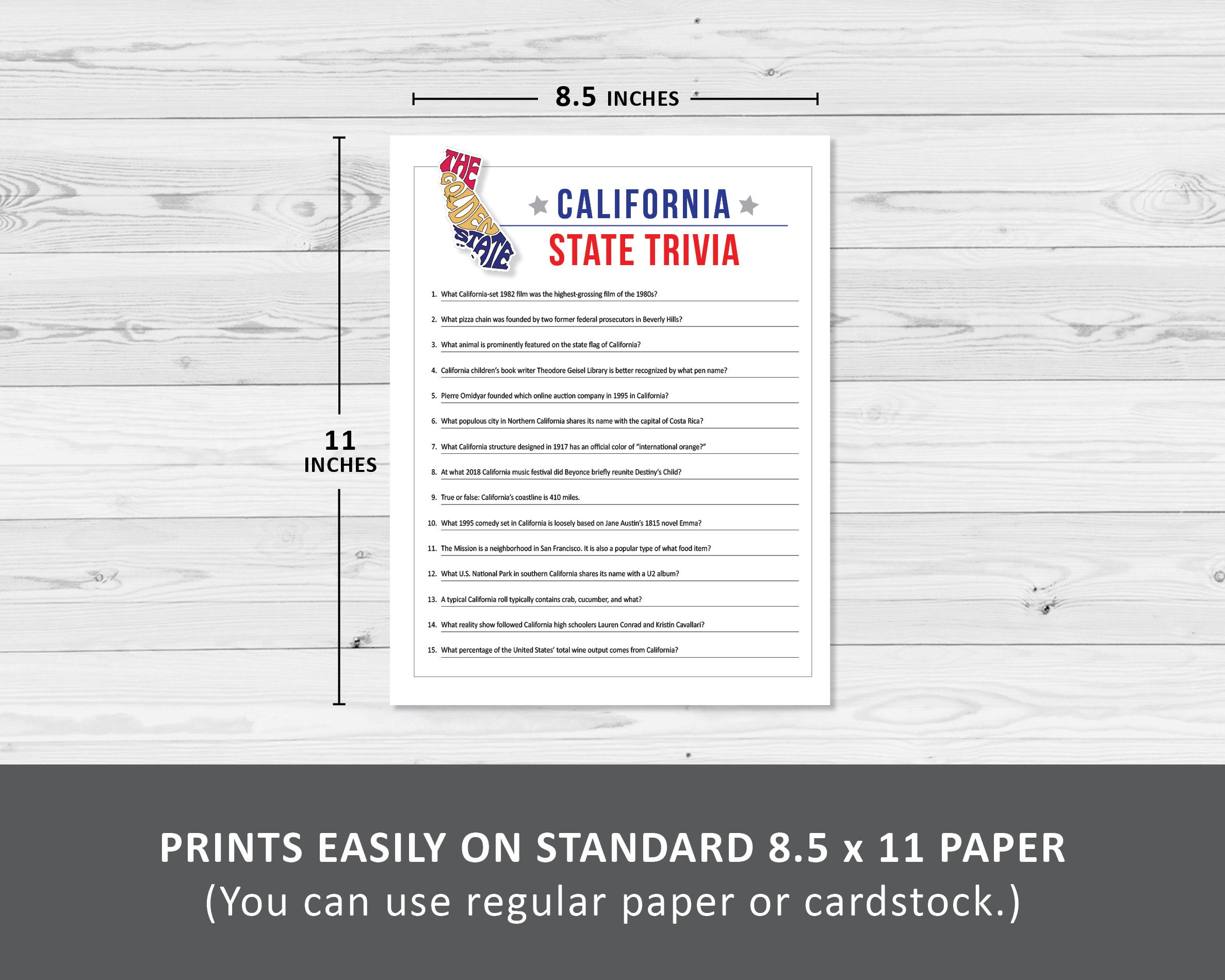 California Trivia Game Printable U.S. State Instant - Etsy