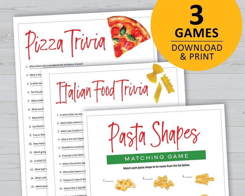 Italian Food Game Bundle, Trivia Printable, Pasta Matching Game, Pizza ...