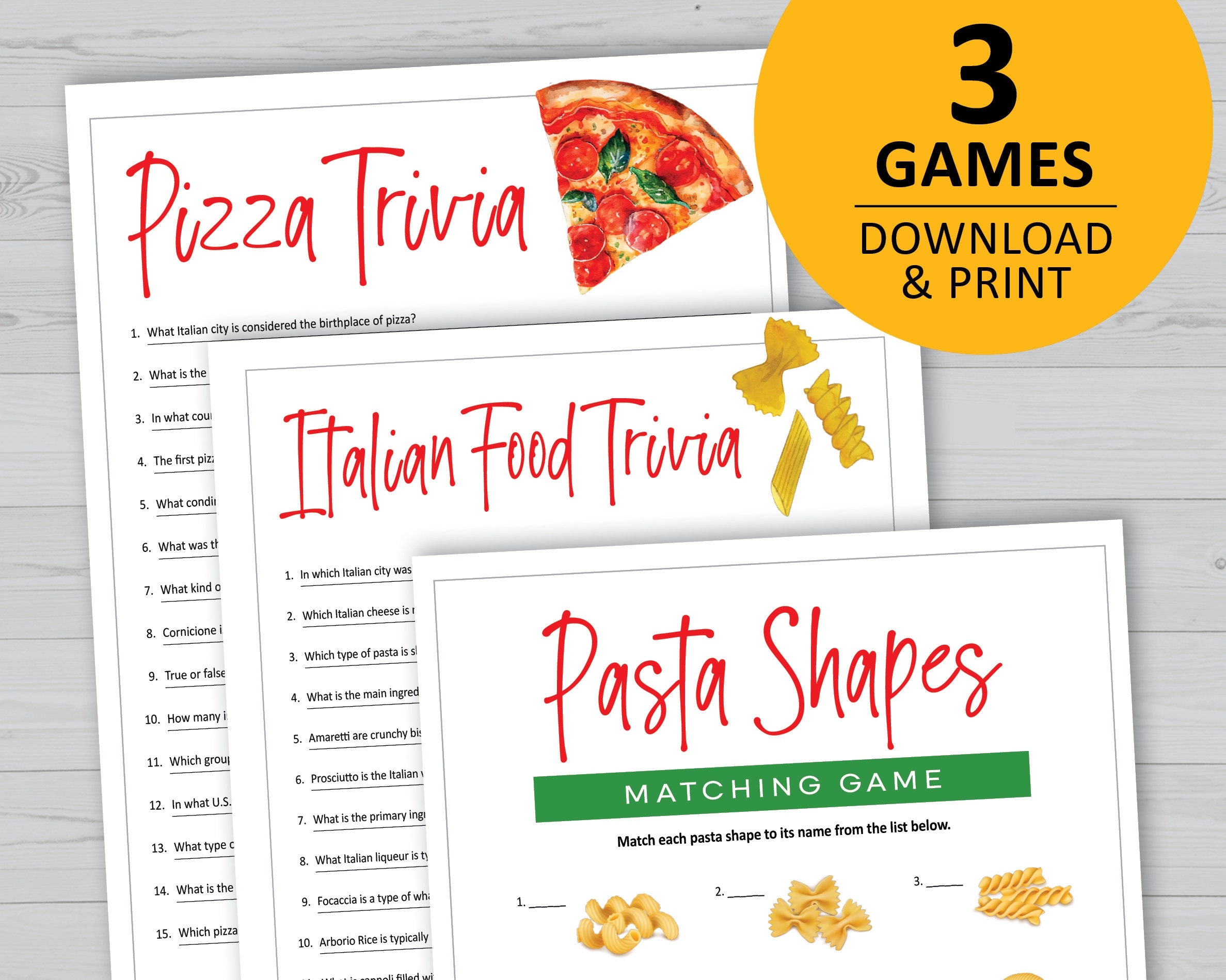 Italian Food Game Bundle, Trivia Printable, Pasta Matching Game, Pizza ...