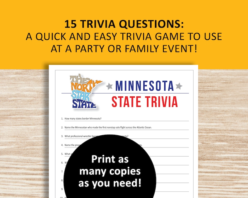 Minnesota Trivia Game, Printable, U.S. State Instant Download, Family ...