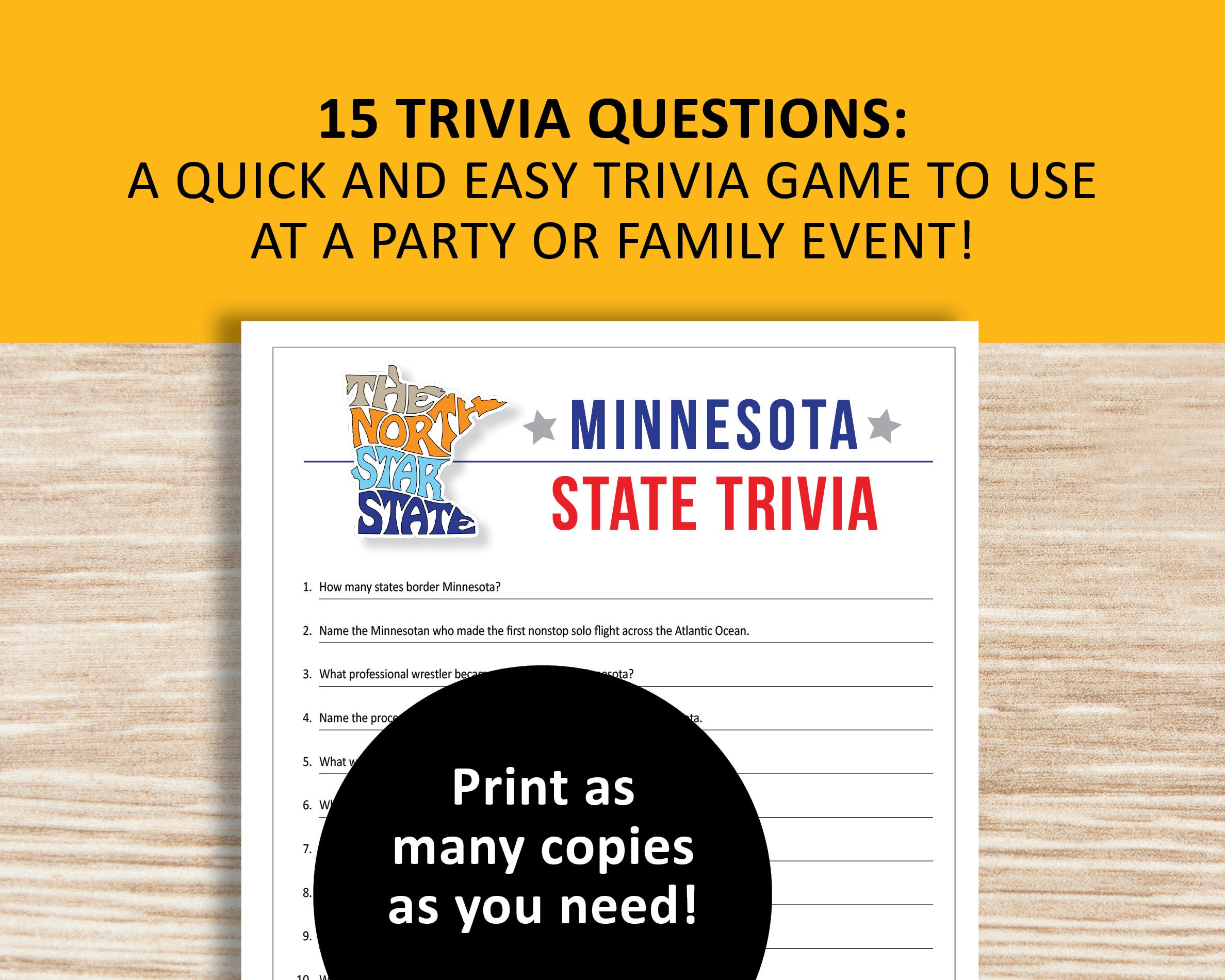Minnesota Trivia Game, Printable, U.S. State Instant Download, Family ...