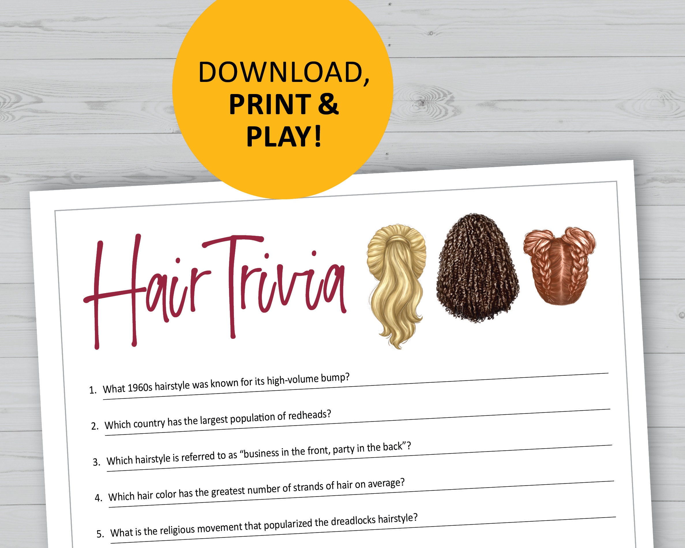 Hair Trivia Game, Hairstyle Printable Party Games, Instant Download ...