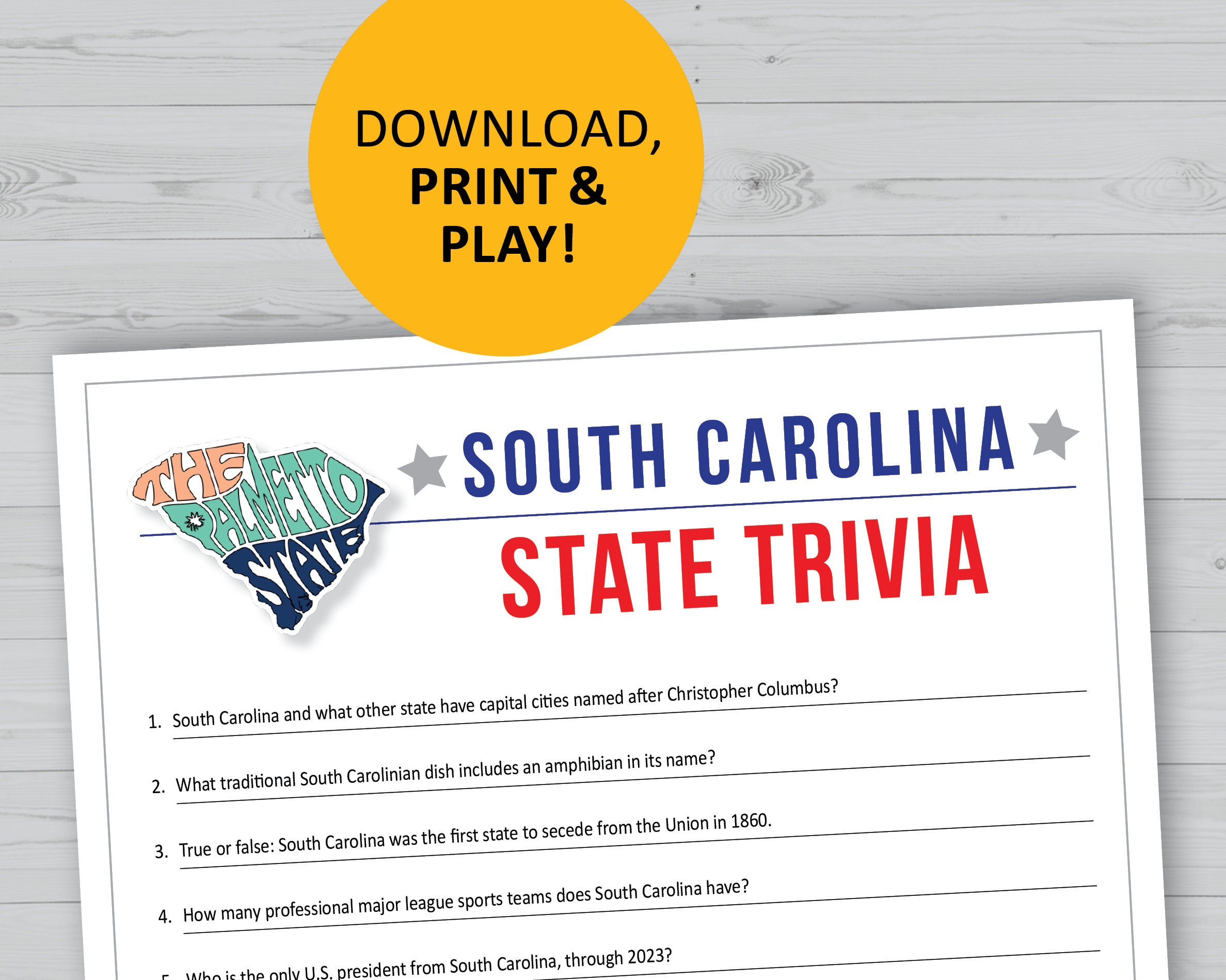 South Carolina Trivia Game, Printable, U.S. State Instant Download ...