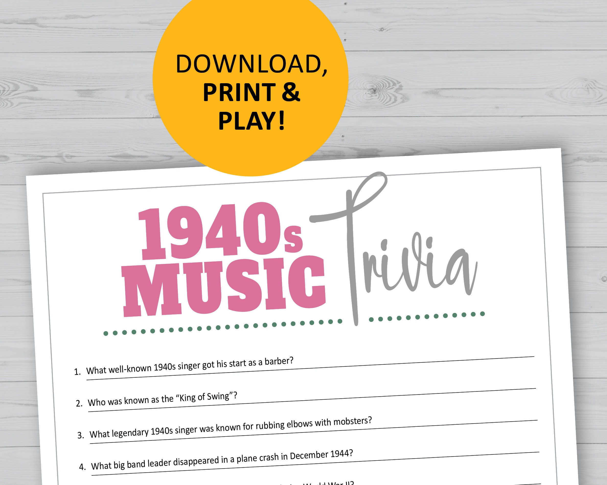 1940s Music Trivia Game, 40s History, Pop Culture Printable Games ...