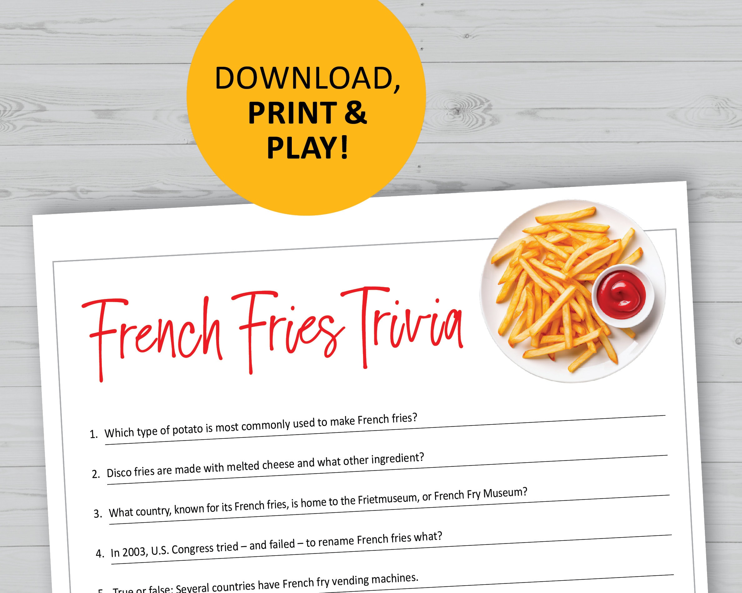 French Fries Trivia Game, Printable, Instant Download, Fast Food Party ...