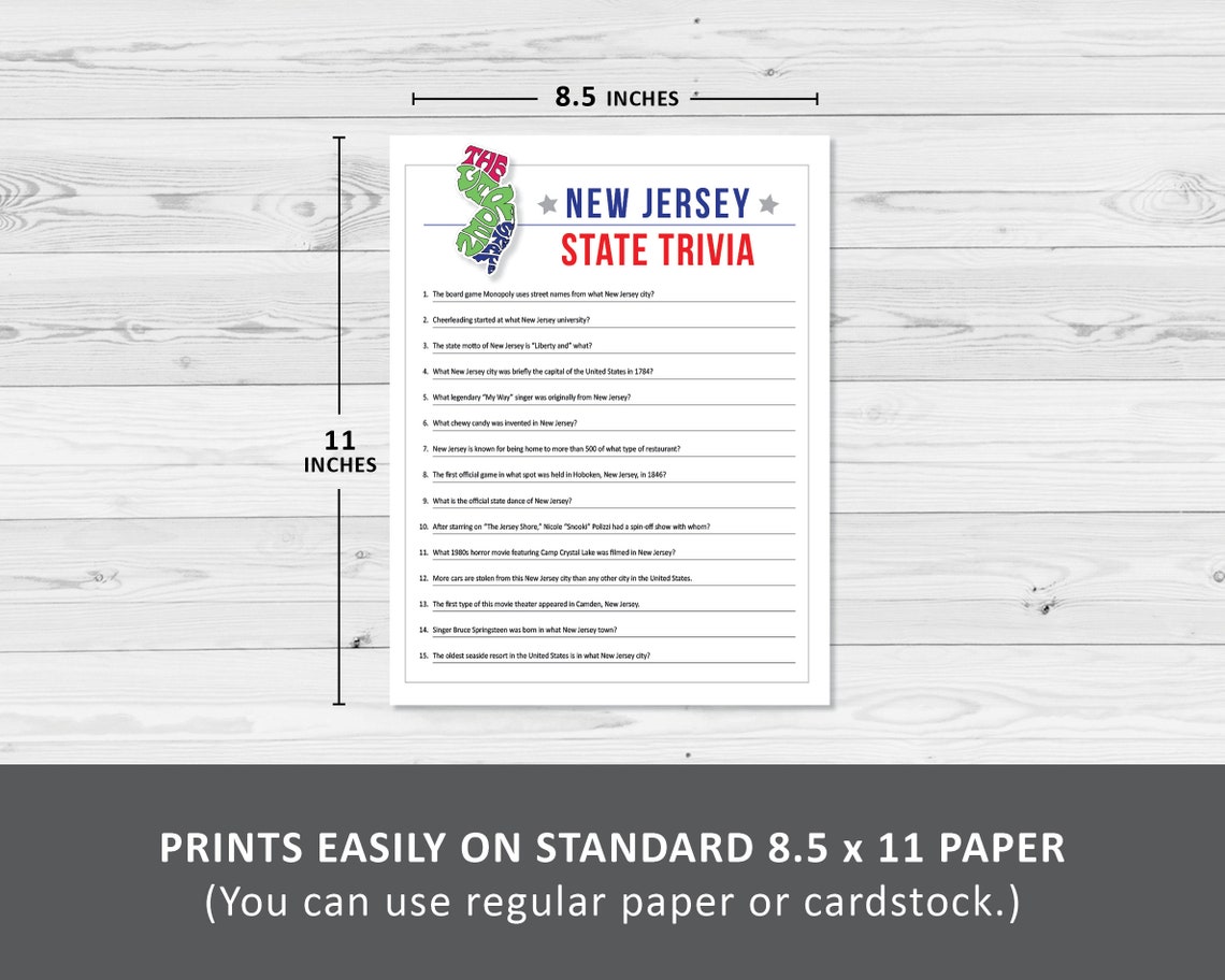 New Jersey Trivia Game Printable U.S. State Instant - Etsy