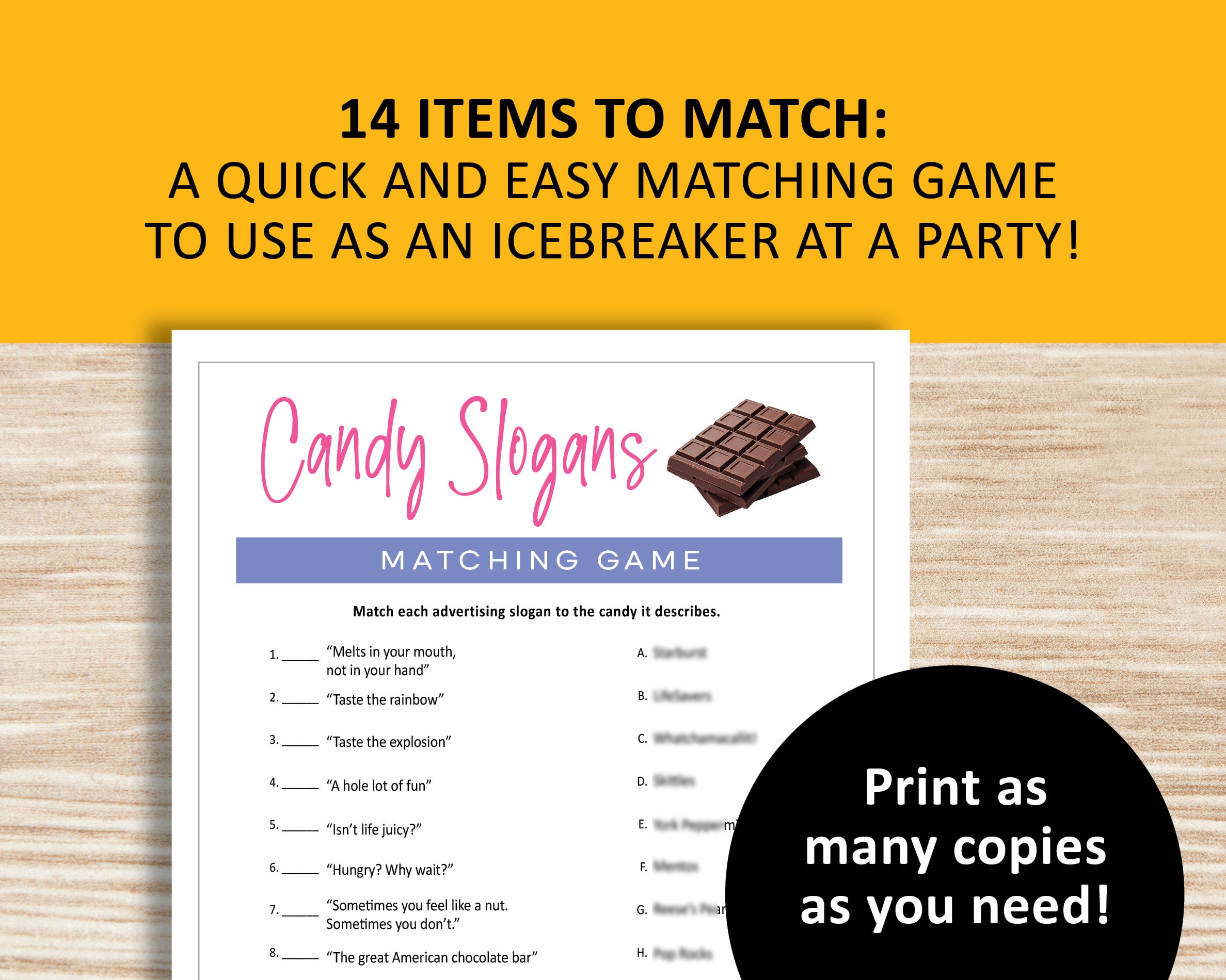 Candy Slogan Matching Game, Candy Party Printable, Instant Download - Etsy