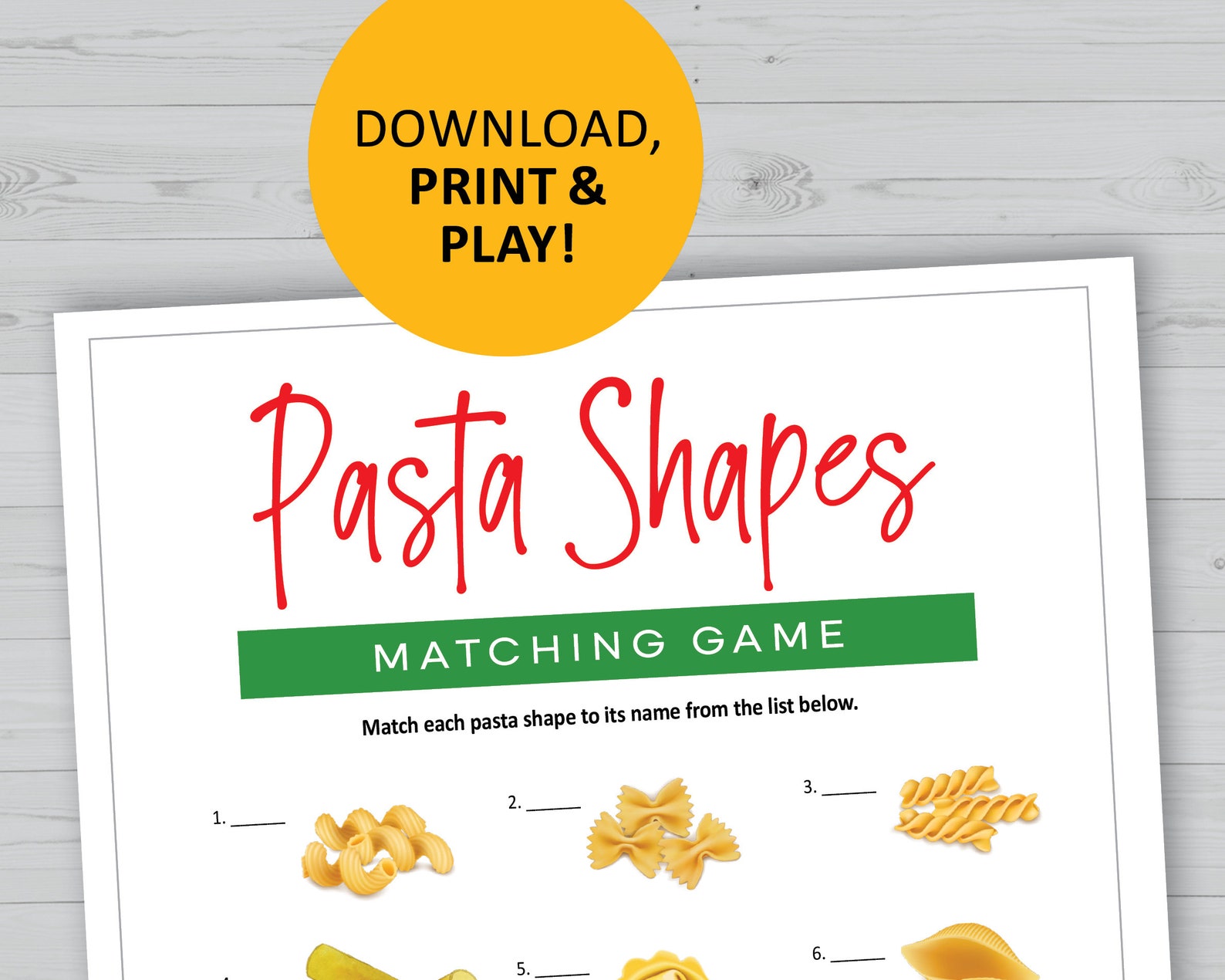 Pasta Shape Game, Matching Printable, Italian Cooking, Instant Download ...