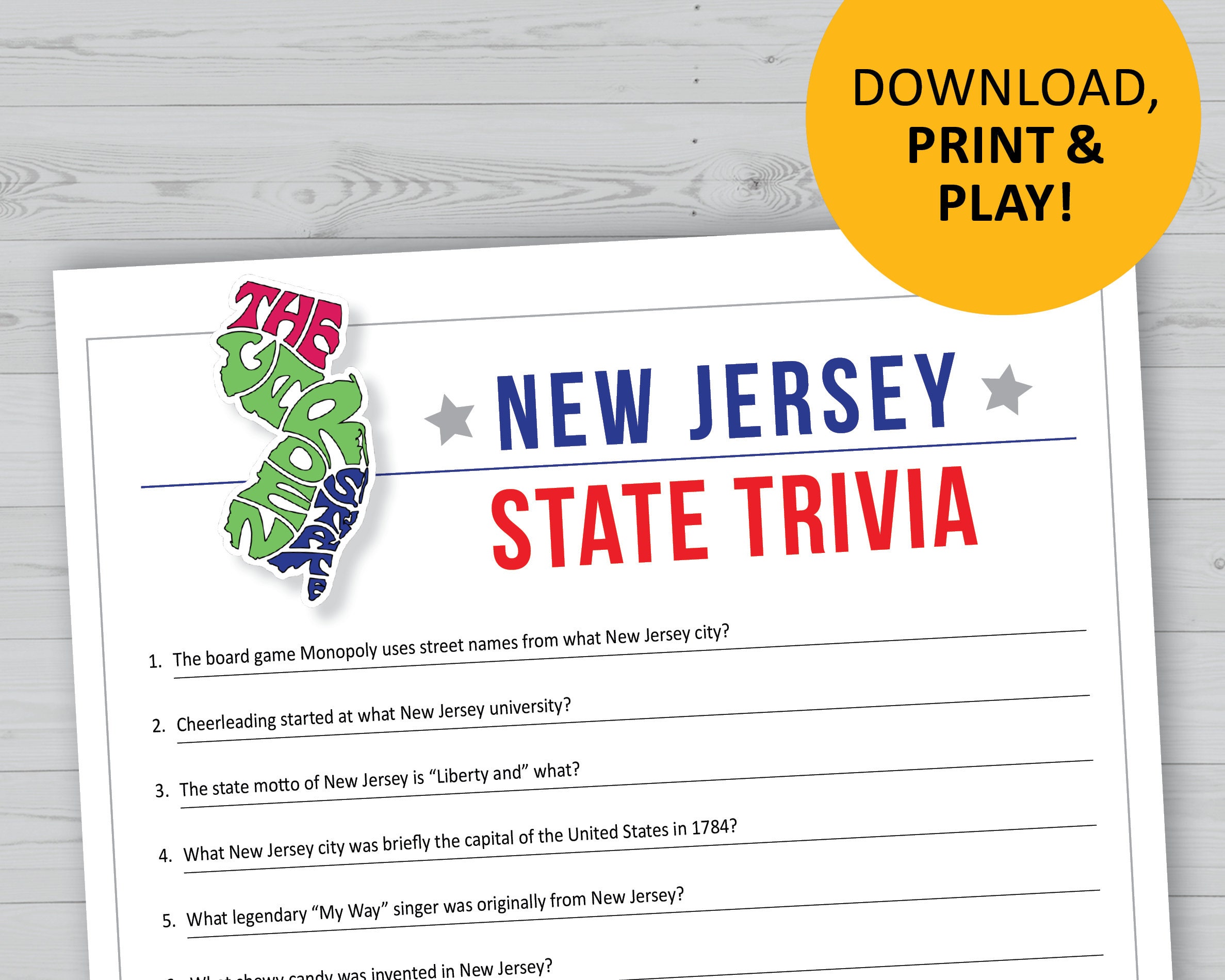 New Jersey Trivia Game Printable U.S. State Instant - Etsy