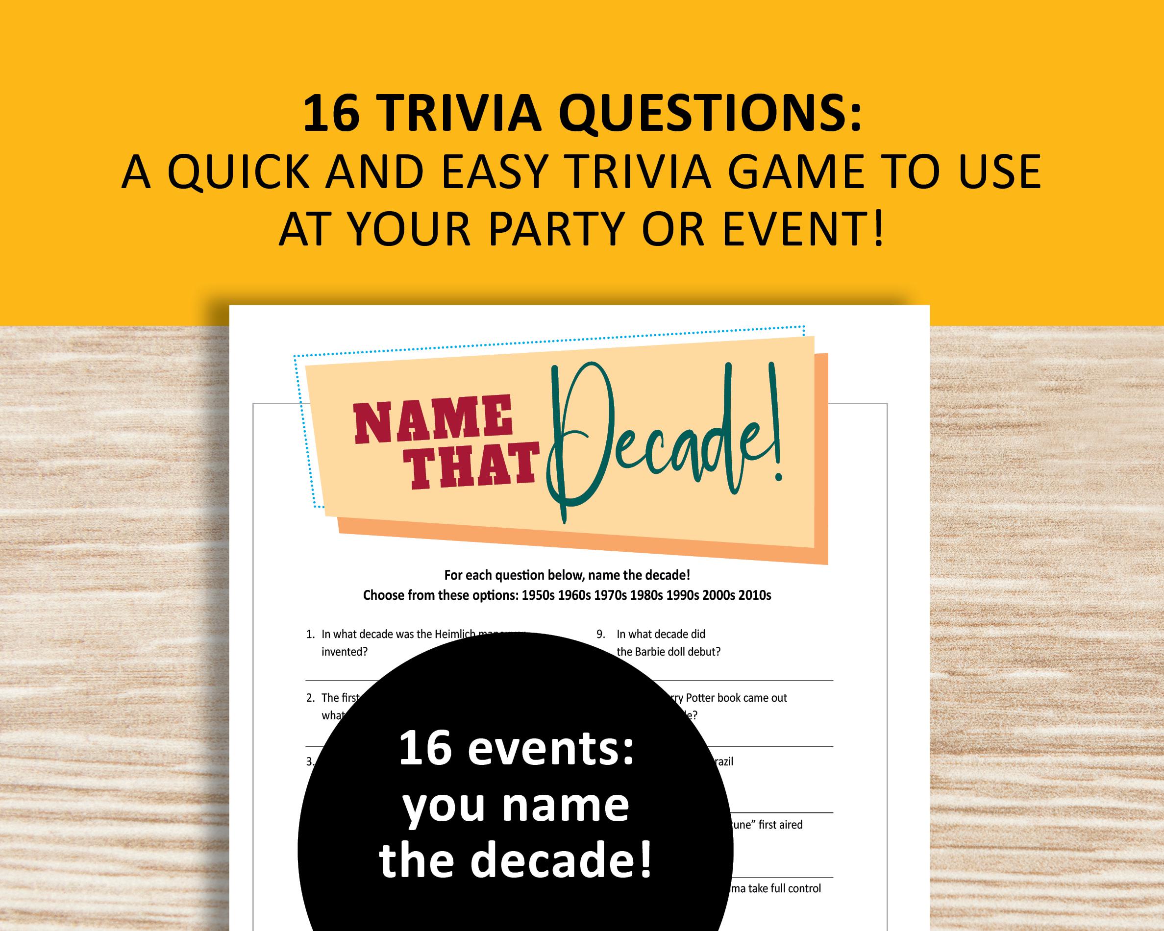 Name That Decade Trivia Game, History, Pop Culture Printable Games ...