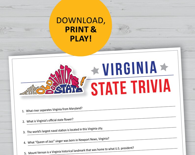 Virginia Trivia Game, Printable, U.S. State Instant Download, Family ...