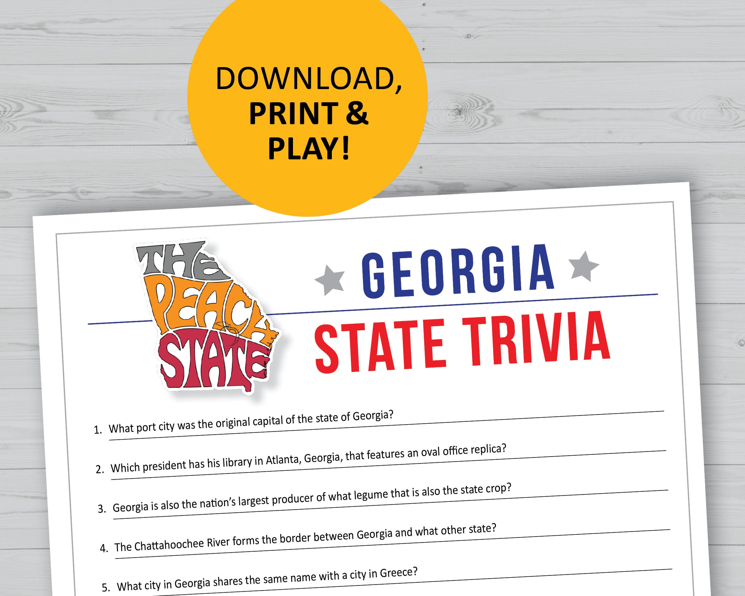 Georgia Trivia Game, Printable, U.S. State Instant Download, Family ...