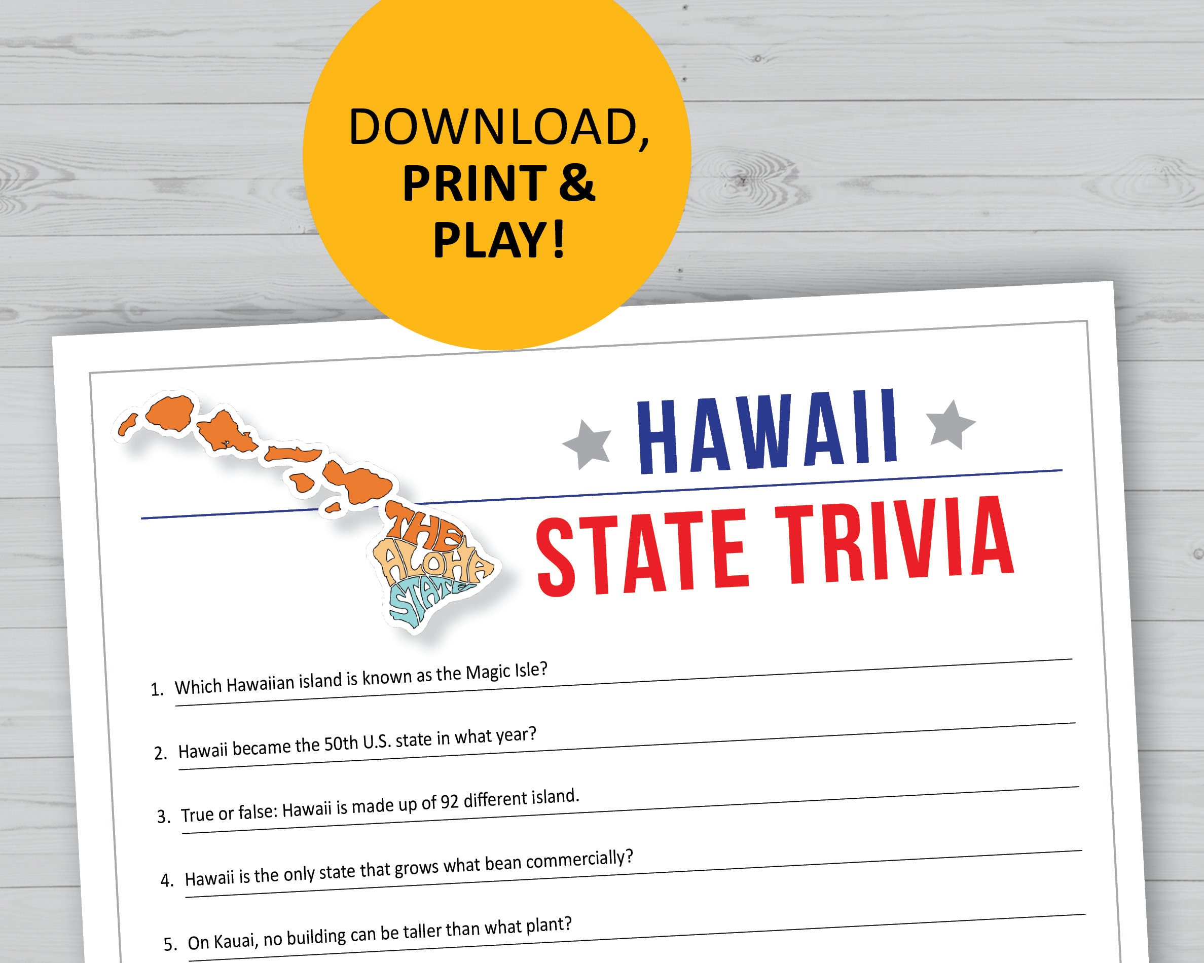 Hawaii Trivia Game, Printable, U.S. State Instant Download, Family ...