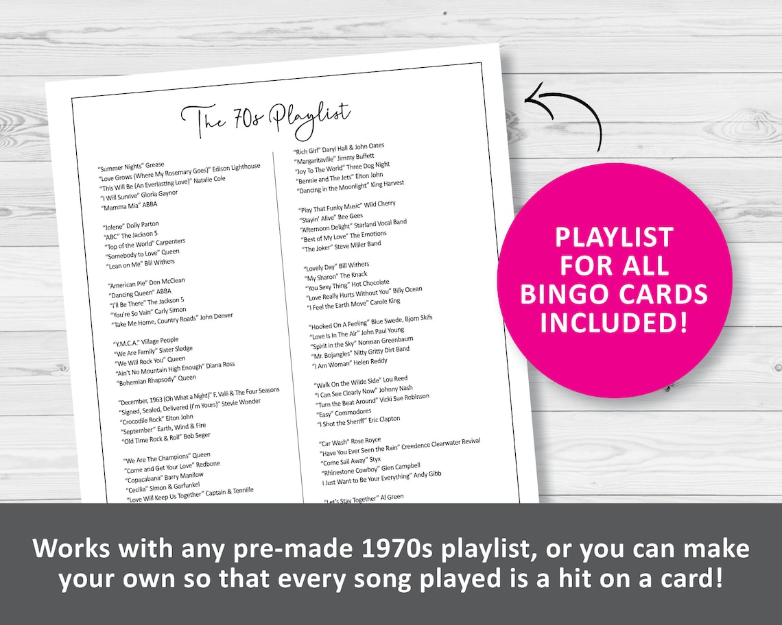 1970s Music Bingo Boards 70s Printable Game Instant - Etsy