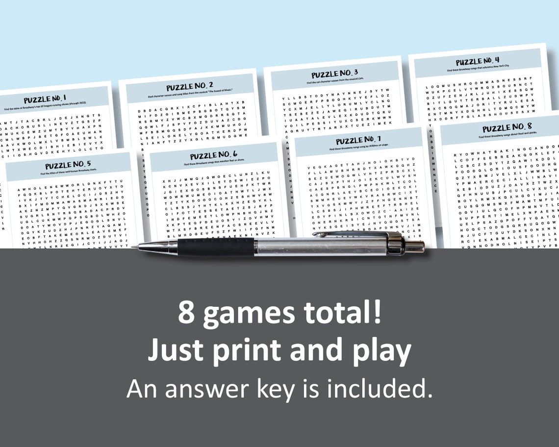 Broadway Word Search Puzzles, Printable Party Games, Instant Digital ...