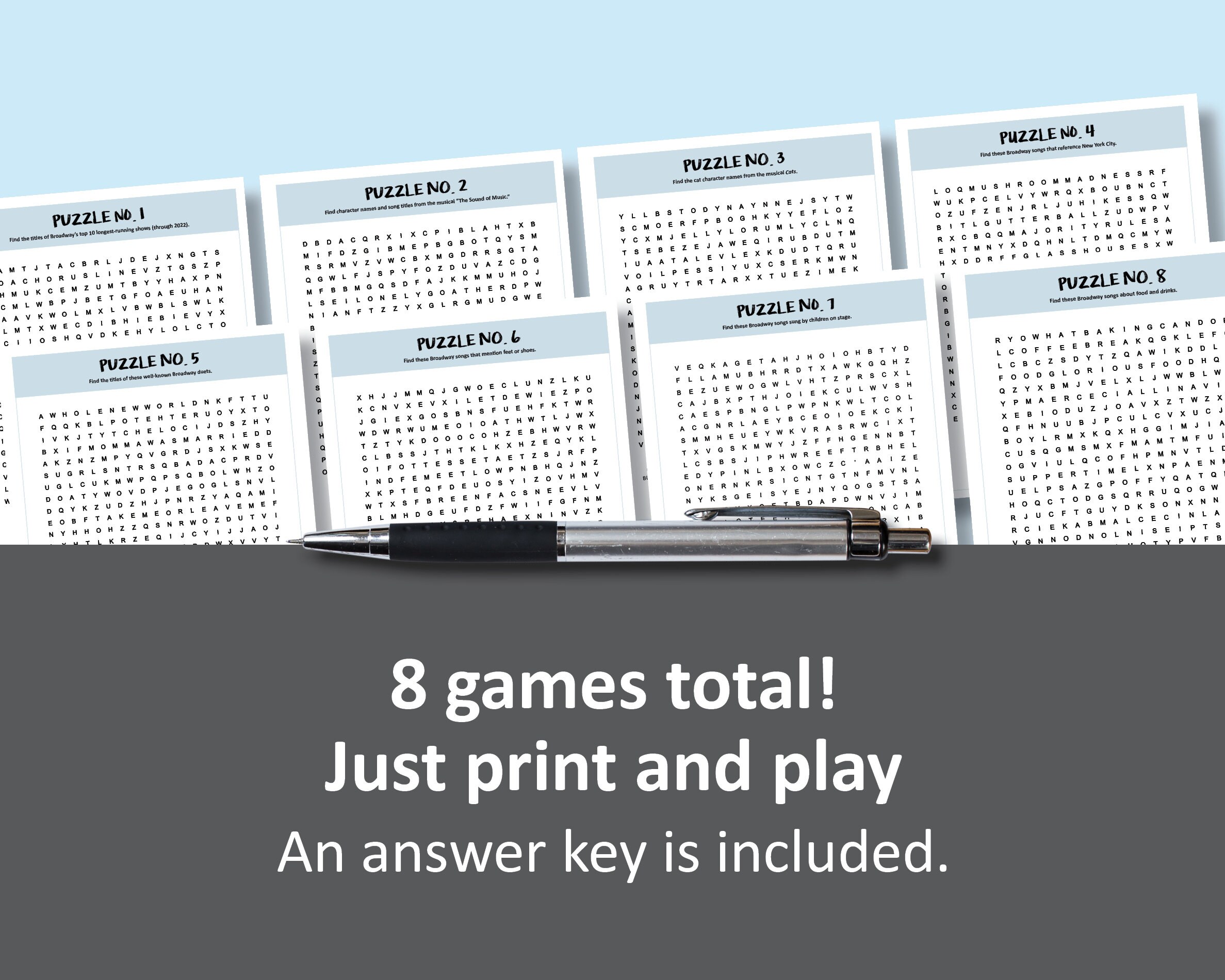 Broadway Word Search Puzzles, Printable Party Games, Instant Digital ...