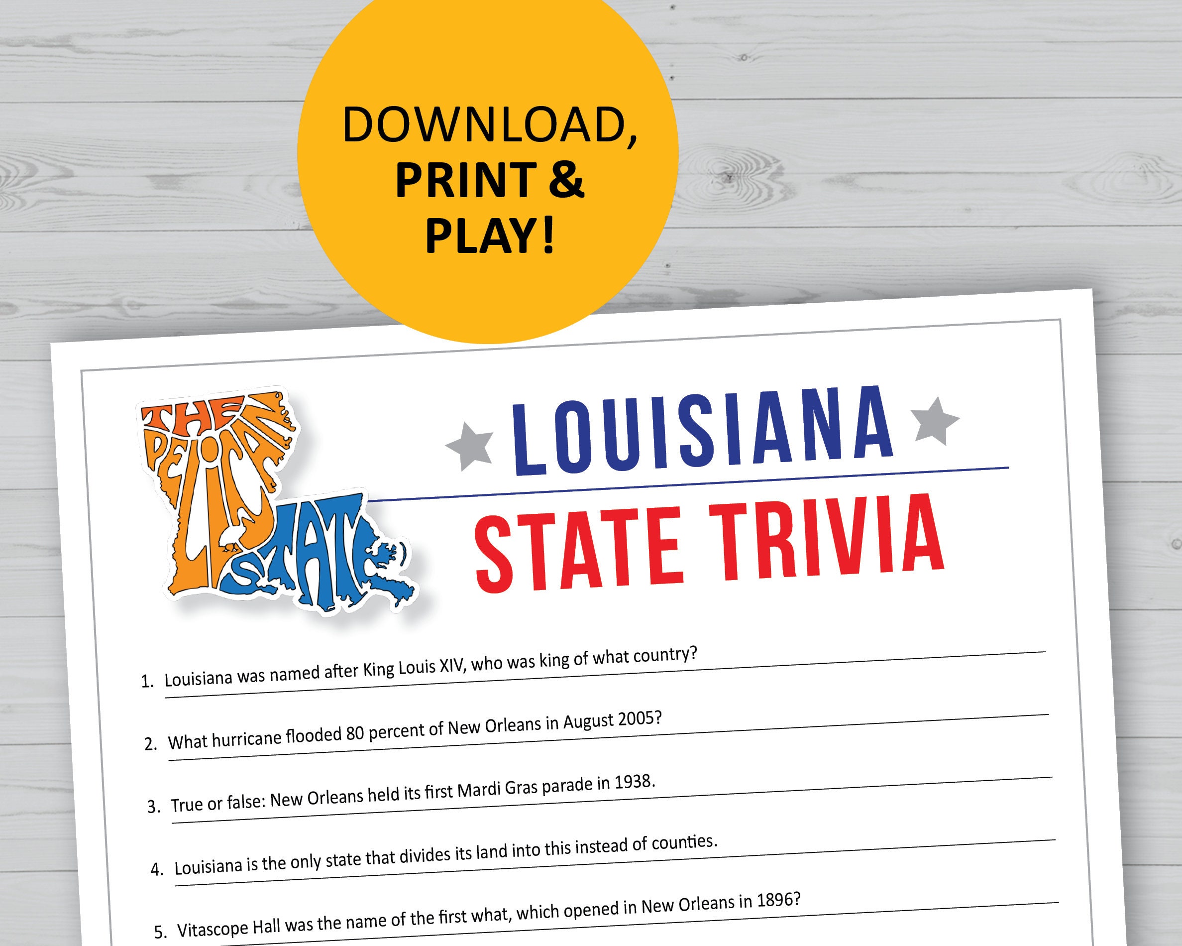 Louisiana Trivia Game, Printable, U.S. State Instant Download, Family ...