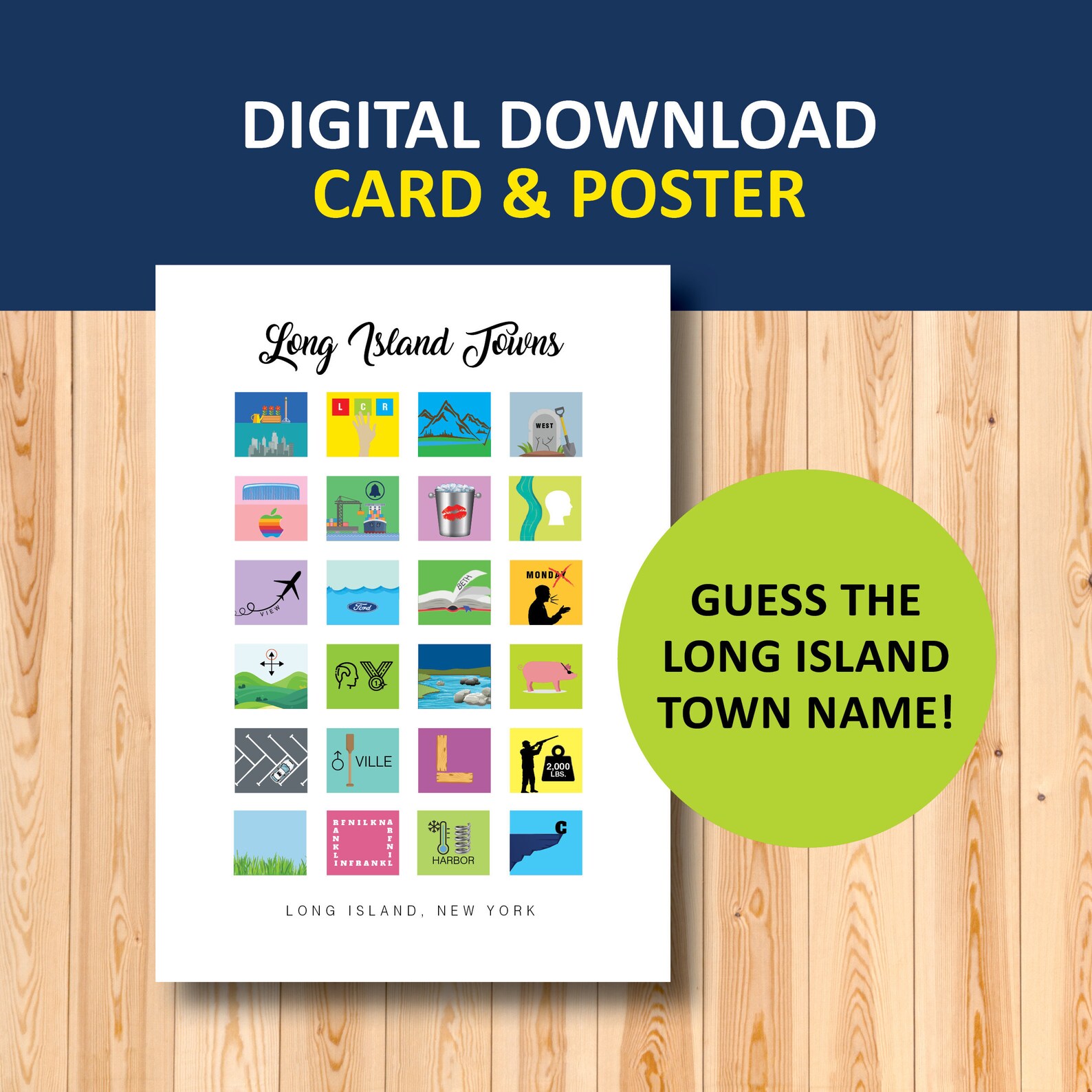 Long Island Town Names Rebus Puzzle Card Pictogram Puzzle | Etsy Hong Kong