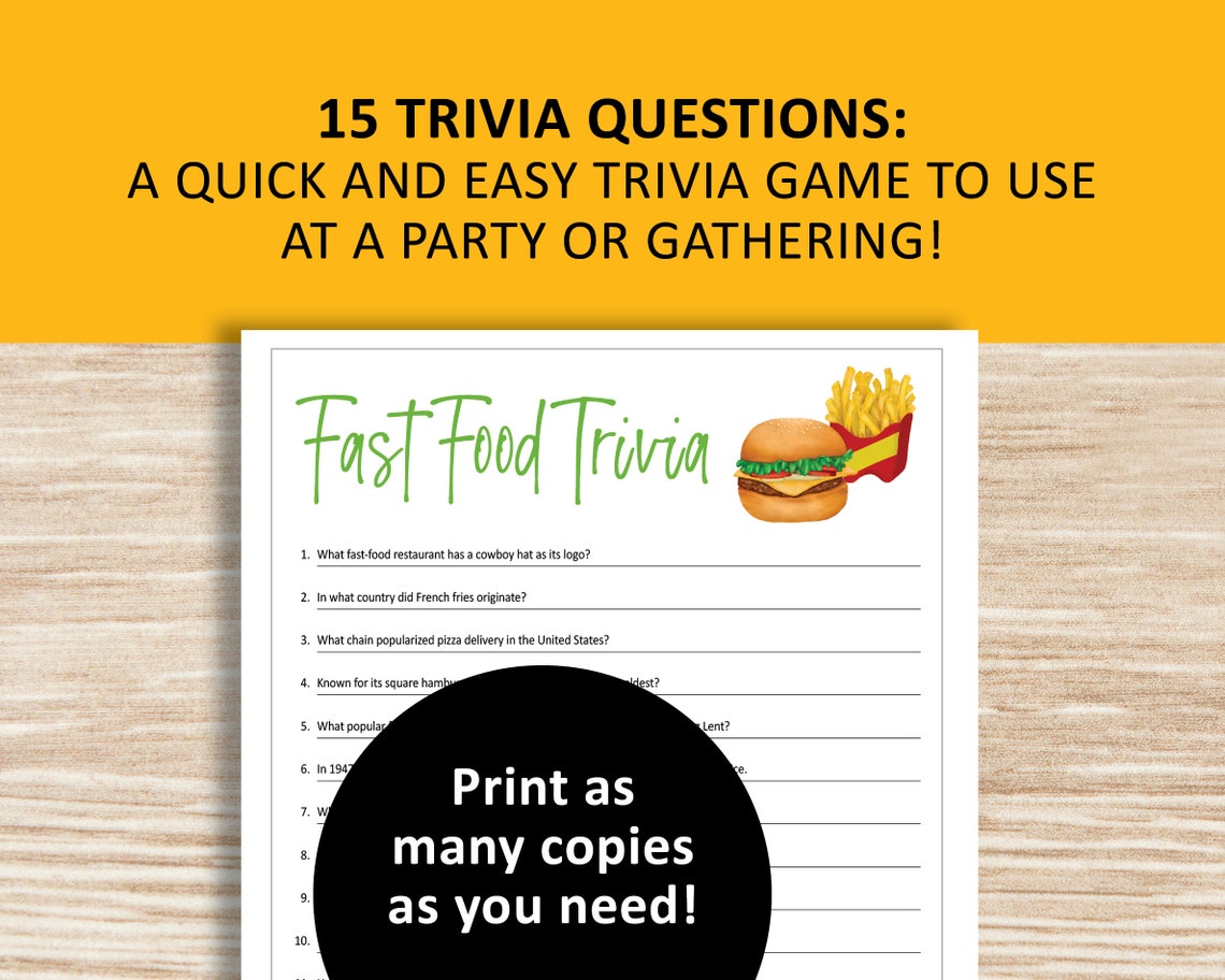Fast Food Trivia Game, Printable, Instant Download, Party Games, Burger ...