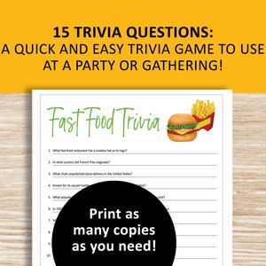 Fast Food Trivia Game, Printable, Instant Download, Party Games, Burger ...