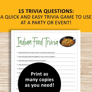 Indian Food Trivia Game, Cooking Printable, Instant Download, Dinner ...