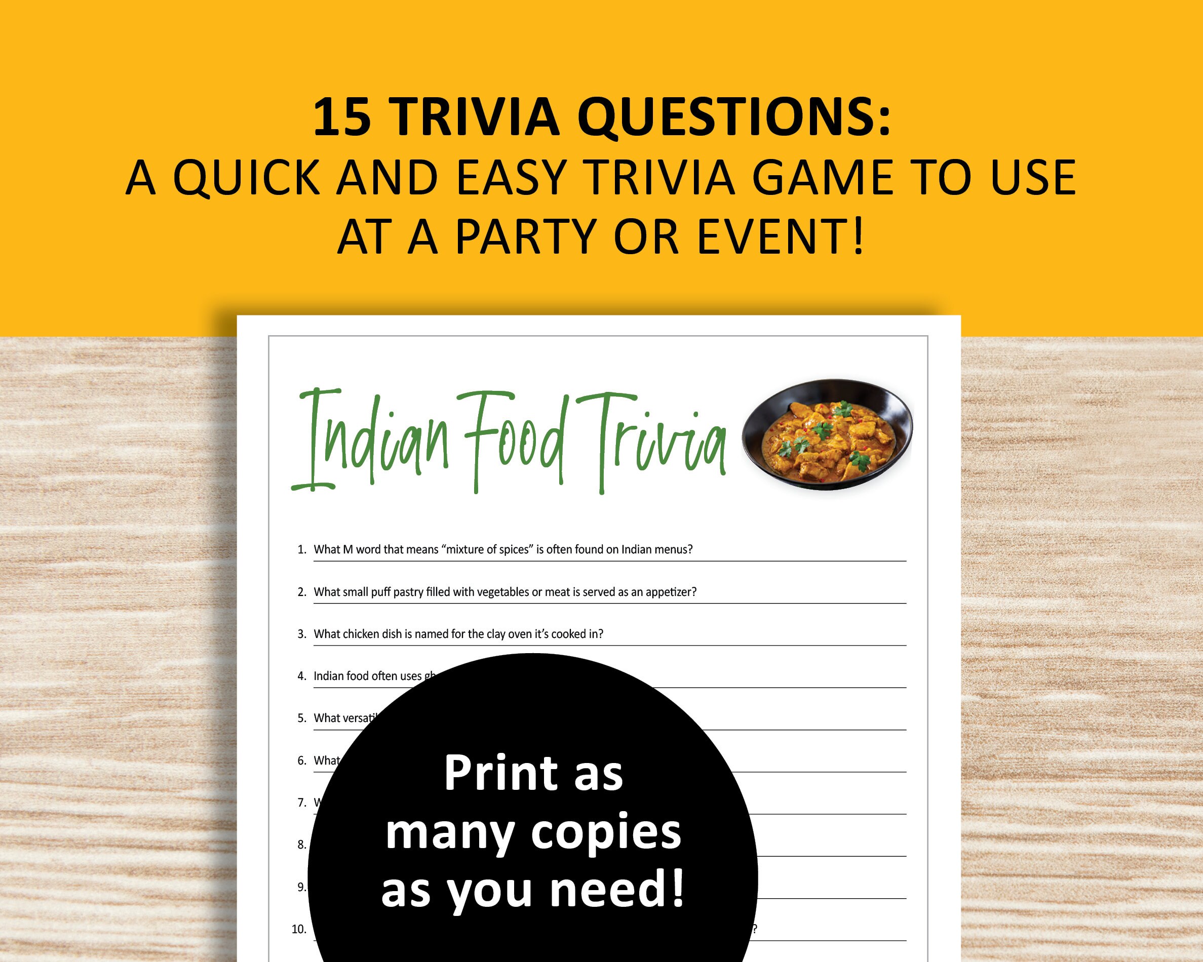 Indian Food Trivia Game, Cooking Printable, Instant Download, Dinner ...