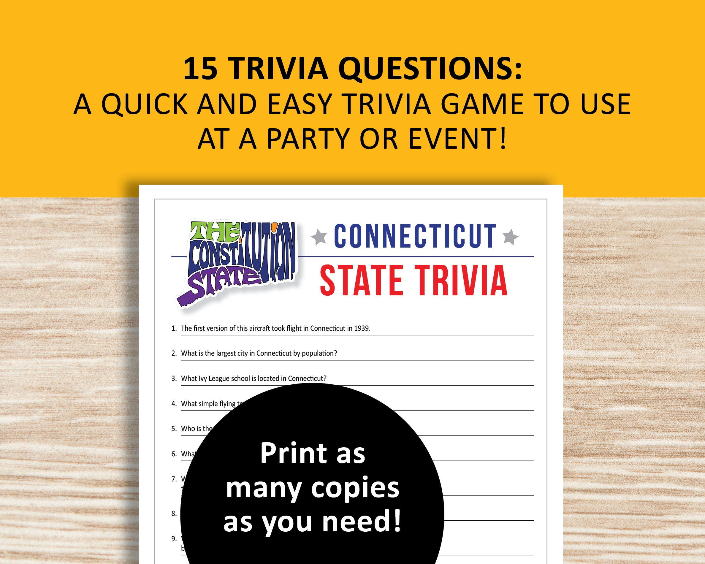 Connecticut Trivia Game, Printable, U.S. State Instant Download, Family ...